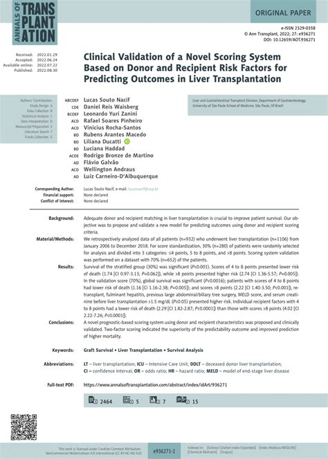 Pdf Clinical Validation Of A Novel Scoring System Based On Donor And Recipient Risk Factors