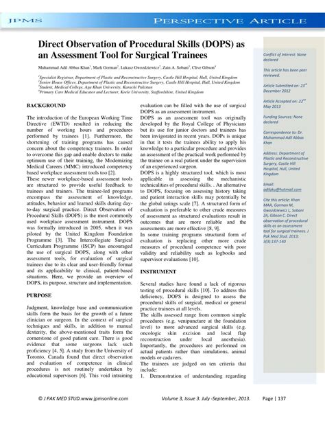 Pdf Direct Observation Of Procedural Skills Dops As An Assessment Tool