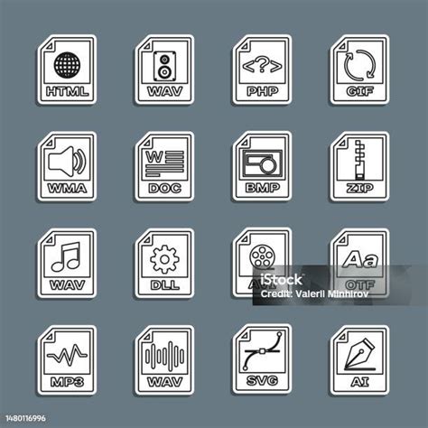라인 ai 파일 문서 otf zip php doc wma html 및 bmp 아이콘을 설정합니다 벡터 가득 찬에 대한 스톡 벡터