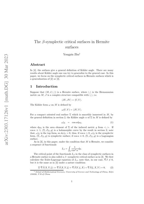 Pdf The Beta Symplectic Critical Surfaces In Hermite Surfaces