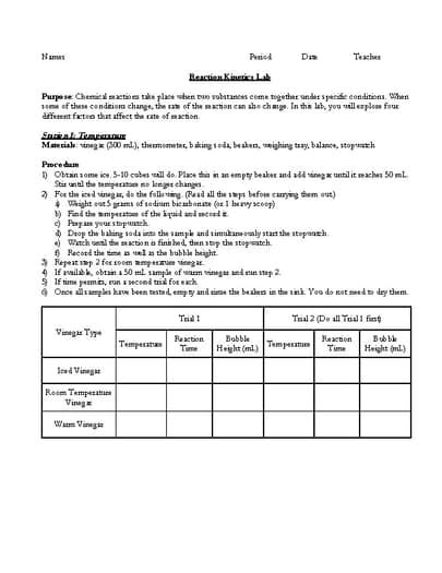 Lab Reaction Kinetics By Starlorten Enterprises TPT