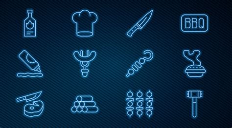 세트 라인 키친 해머 수제 파이 고기 다지기 포크에 소시지 케첩 병 타바스코 소스 구운 시시 케밥 및 셰프 모자 아이콘 벡터 고기에 대한 스톡 벡터 아트 및 기타 이미지