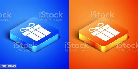 파란색과 주황색 배경에 격리된 등색 기프트 박스 아이콘입니다 정사각형 버튼입니다 벡터 3차원 형태에 대한 스톡 벡터 아트 및 기타 이미지 3차원 형태 공휴일 기념일