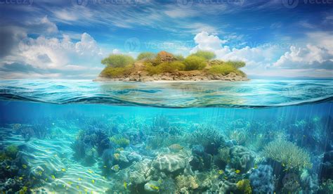 Tropical Island And Coral Reef Split View With Waterline Beautiful