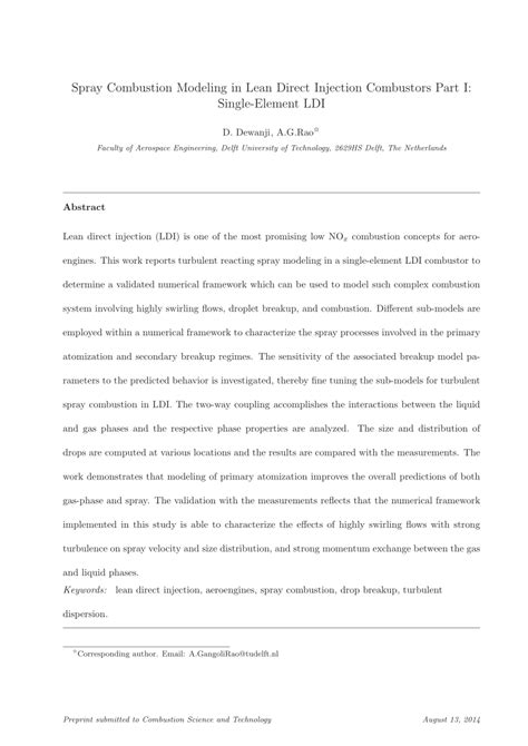 Pdf Spray Combustion Modeling In Lean Direct Injection Combustors Part I Single Element Ldi
