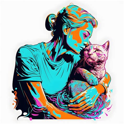 Premium Ai Image A Colorful Drawing Of A Woman Hugging A Cat