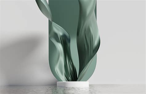 3d 디스플레이 연단 받침대가있는 흰색 배경 및 비행 녹색 실크 천 커튼 자연의 바람과 물 아름다움 화장품 프리젠 테이션 스탠드