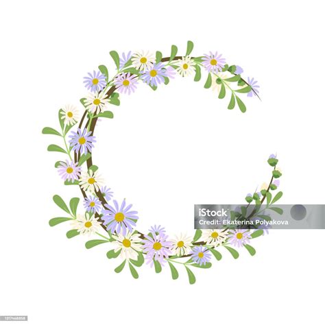 데이지 화환 둥근 프레임 노란색 하트와 귀여운 보라색과 흰색 꽃 카모마일 결혼식 휴일 엽서 포스터 및 디자인을위한 축제 장식 0명에 대한 스톡 벡터 아트 및 기타 이미지