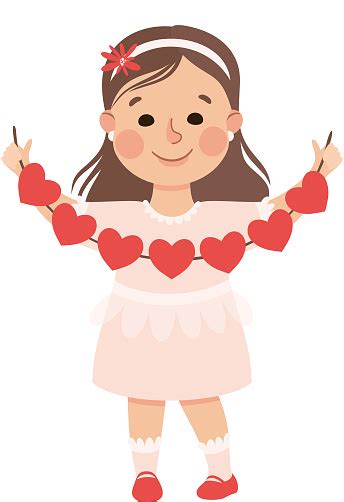귀여운 소녀 마음의 모양에 파티 플래그를 들고 로맨스 감정 기호와 사랑스러운 아이 캐릭터 해피 발렌타인 데이 개념 만화 벡터