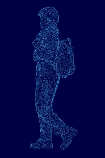 사람이 파란색 배경에 배낭을 메고 걷고 있습니다 이미지는 사람의 디지털이고 백팩은 작은 디테일입니다 장면은 다소 추상적이고 초현실적입니다 가리키기에 대한 스톡 벡터 아트 및