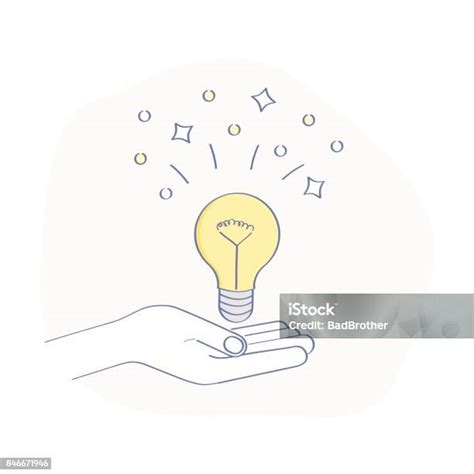 인간의 손으로 라이트 전구입니다 아이디어의 프레 젠 테이 션 창의력 전원 솔루션 상상력 결정현대 평면 선 벡터 일러스트 레이 션 주기에 대한 스톡 벡터 아트 및 기타 이미지
