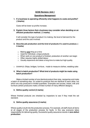 Aqa Gcse Business Unit 1 Revision Teaching Resources