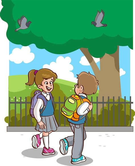 학교 벡터 일러스트 레이 션에가는 아이들 프리미엄 벡터