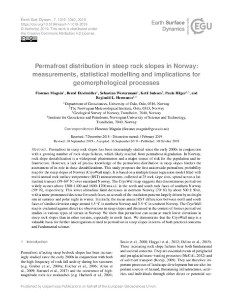 Pdf Permafrost Distribution In Steep Rock Slopes In Norway Measurements Statistical