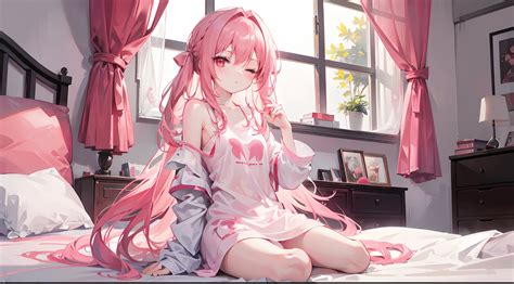 Anime Girl Sitting On Bed With Pink Hair And Pink Dress Seaart Ai