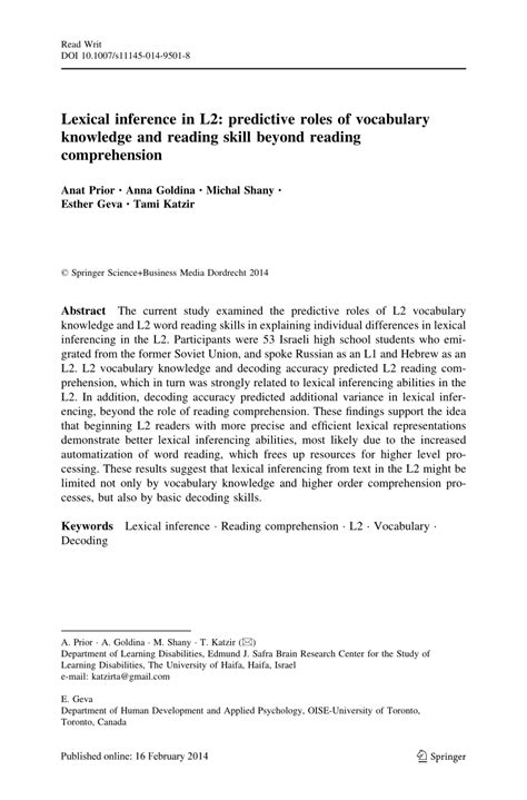 Pdf Lexical Inference In L2 Predictive Roles Of Vocabulary Knowledge And Reading Skill Beyond