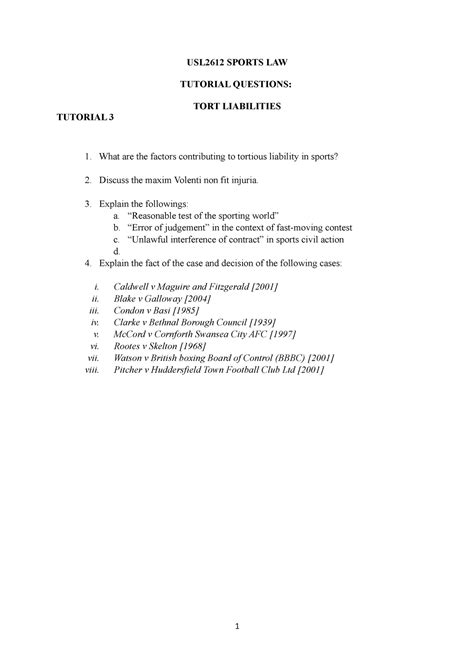 Tutorial 3 Civil Liabilities Usl2612 Sports Law Tutorial Questions Tort Liabilities Tutorial