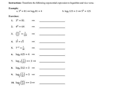 Instructions Transform The Following Exponential Expression To Logarithm And Vice Versaexample A