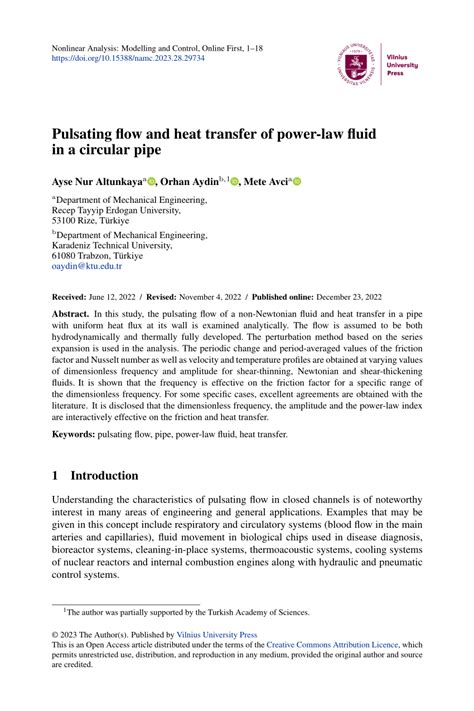 Pdf Pulsating Flow And Heat Transfer Of Power Law Fluid In A Circular Pipe