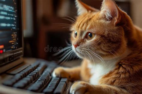 Red Cat Usando O Teclado Do Computador E Olhando Para O Monitor Aprendendo A Programar Imagem De