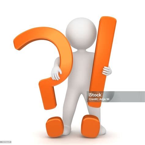 물음표 느낌표 Q 및 기호 기호 흰색 막대기 그림 남자 한 사람이 흰색 배경에 고립 된 서 있는 아이콘 주황색 문장 부호를 묻는 응답 3차원 형태에 대한 스톡 사진 및 기타
