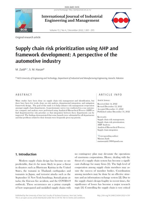 Pdf Supply Chain Risk Prioritization Using Ahp And Framework Development A Perspective Of The