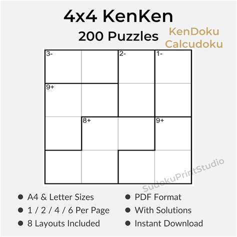 200 Printable 4x4 Kenken Kendoku Calcudoku Puzzles With Answer