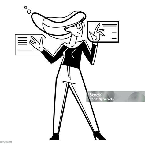 데이터 체계화 정보 수집 및 분석 Pc 또는 웹에서 일부 데이터를 분석하는 여성 지식인 노동자 벡터 개요 그림 경매에 대한 스톡 벡터 아트 및 기타 이미지 Istock