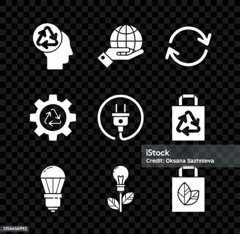 휴무 손 들고 지구 지구 새로 고침 Led 전구 빛 잎 종이 쇼핑 백 재활용 기호 기어 및 전기 플러그 아이콘으로 인간의 머리를