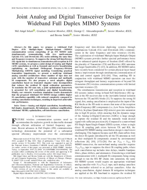 Pdf Joint Analog And Digital Transceiver Design For Wideband Full Duplex Mimo Systems