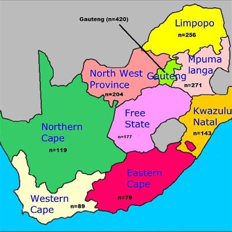 The Map Showing South African Nine Provinces And The Number Of Samples