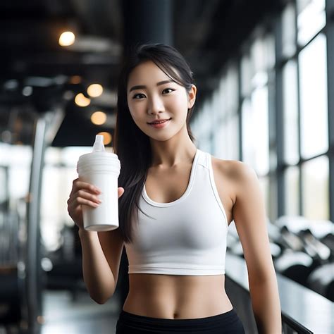 Premium Ai Image An Asian Stunning Girl In Fitness Gym Drinking Whey