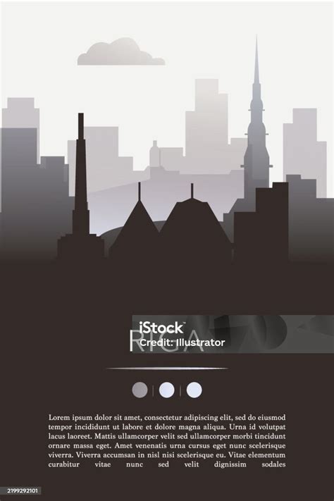 리가 도시 서식 파일 웹 사이트 프리젠 테이션 첫 페이지 초대장 스카이 라인 랜드 마크와 출판물 시트 Vector Latvia 이미지 레이아웃 단순하고 회색조 0명에 대한