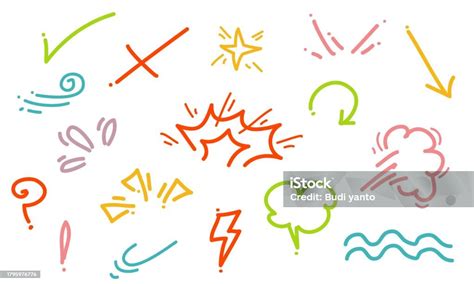 다채로운 표현 효과의 낙서 세트 만화 손으로 그린 이모티콘 효과 디자인 요소 벡터 일러스트 레이 션 곡선에 대한 스톡 벡터 아트