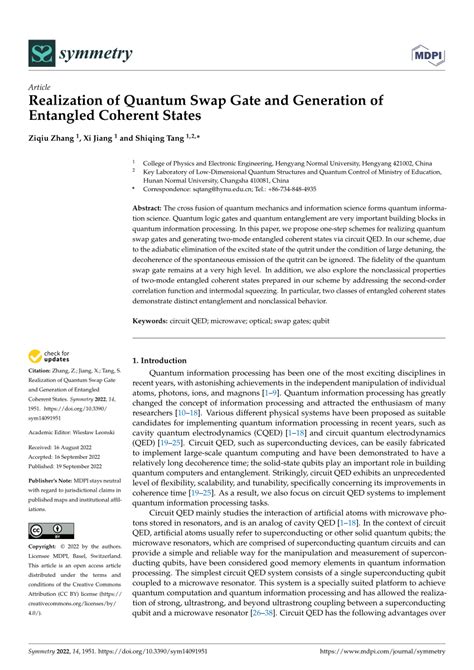 Pdf Realization Of Quantum Swap Gate And Generation Of Entangled Coherent States