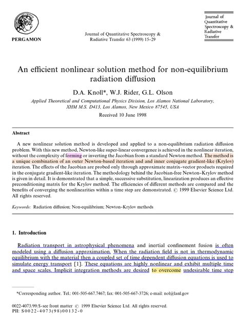 An Ecient Nonlinear Solution Method For Non Equilibrium Radiation Diusion Pdf Matrix