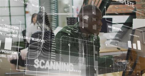 Animation Of Graphs Map Loading Bars Computer Language African American Man Working On