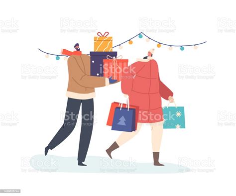 행복한 커플 남자와 여자는 축제 활과 가방으로 싸인 선물 상자를 들고 다닙니다 선물을 준비하는 캐릭터 가격에 대한 스톡 벡터