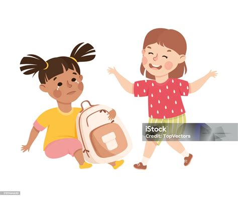 동급생을 조롱하는 공격적인 왕따 소녀 나쁜 매너 학교에서의 갈등 괴롭힘 약한 만화 벡터 일러스트 레이 션의 협박 유치원에 대한 스톡 벡터 아트 및 기타 이미지 Istock