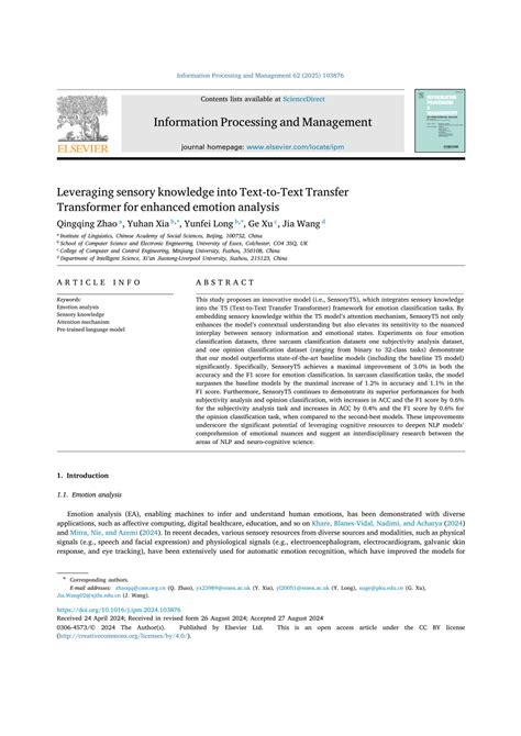 Pdf Leveraging Sensory Knowledge Into Text To Text Transfer Transformer For Enhanced Emotion