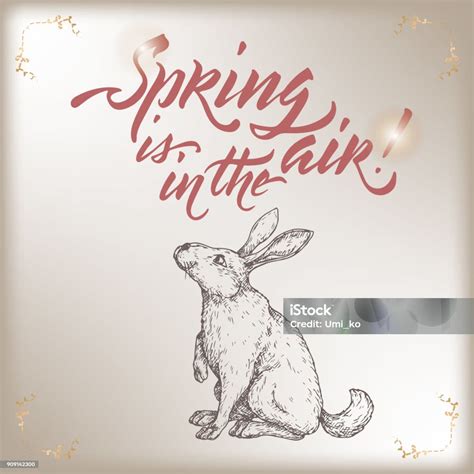 스프링 로맨틱 빈티지 인사말 카드 서식 파일 관련 브러시 서 예 및 토끼 스케치 계절에 대한 스톡 벡터 아트 및 기타 이미지