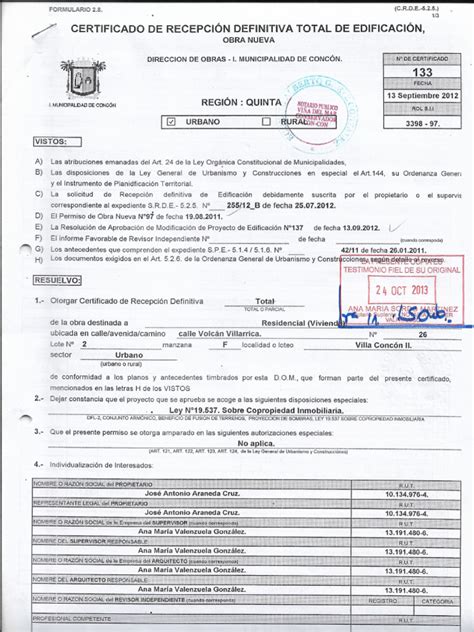 Certificado De Recepción Definitiva Total De Edificación Pdf