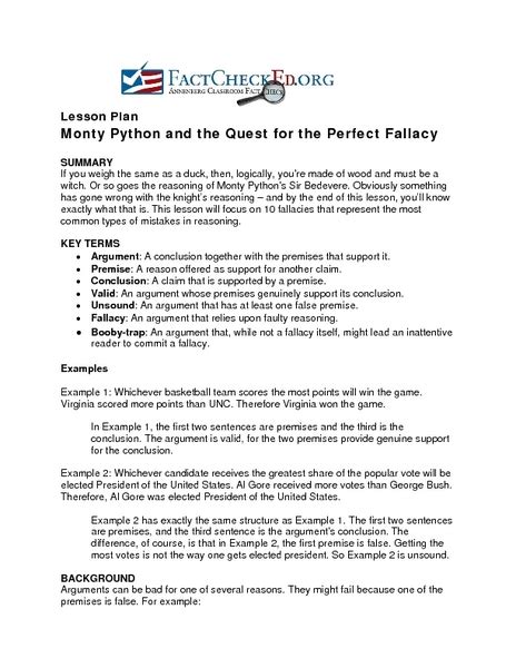 monty python and the quest for the perfect fallacy lesson plan for 9th higher ed lesson planet