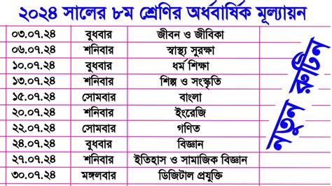 ২০২৪ সালের ৮ম শ্রেণির অর্ধবার্ষিক মূল্যায়নের নতুন রুটিন Class 8 Half Year Mullayon Rotune
