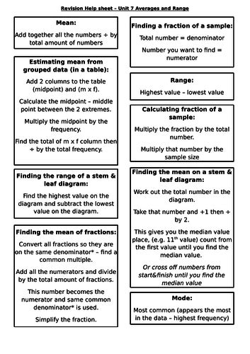 Revision Help Sheet For Unit 7 Averages And Range Teaching Resources