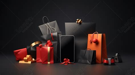 블랙 프라이데이 쇼핑 엑스트라바간자black Friday Shopping Extravaganza 검정색 배경에 스마트폰 쇼핑백 신용카드 선물을 3d로 그린 그림