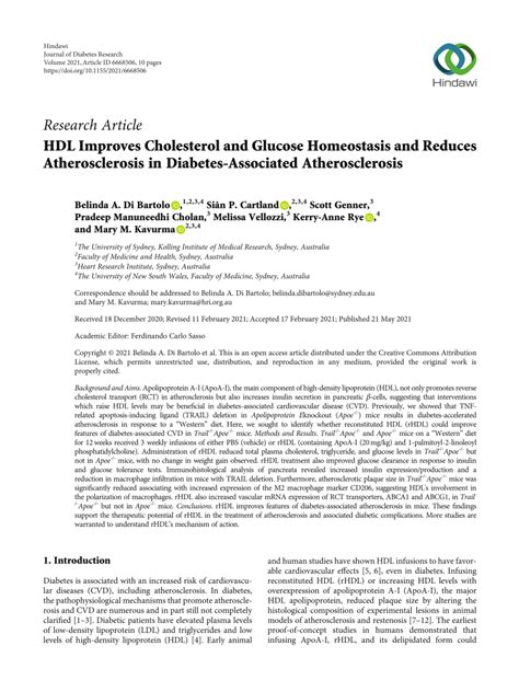 Pdf Hdl Improves Cholesterol And Glucose Homeostasis And Reduces Atherosclerosis In Diabetes