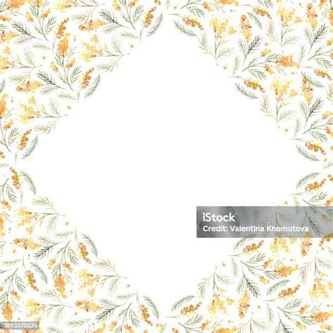 수채화 꽃 프레임 와 다이아몬드 모양 와 아름다운 노란 Mimosa 손으로 그린 식물 일러스트 웨딩 디자인 인사말 카드 3 월 8 일 어머니의 날 초대장 포스터 로고에 사용