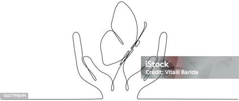 손에 날아 다니는 나비가 연속적으로 한 줄이 그려져 있습니다 나비에 대한 스톡 벡터 아트 및 기타 이미지 나비 개념 검은색 Istock