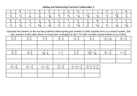 Adding And Subtracting Fractions Codebreaker 2 Pdf Numbers